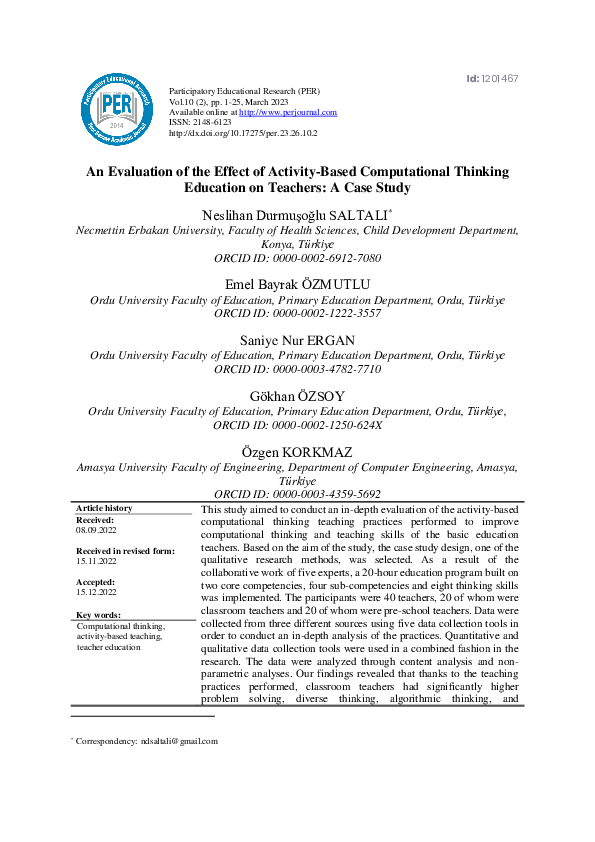 Pdf An Evaluation Of The Effect Of Activity Based Computational Thinking Education On Teachers