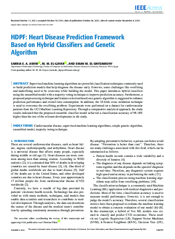 (PDF) HDPF: Heart Disease Prediction Framework Based on Hybrid Classifiers and Genetic Algorithm