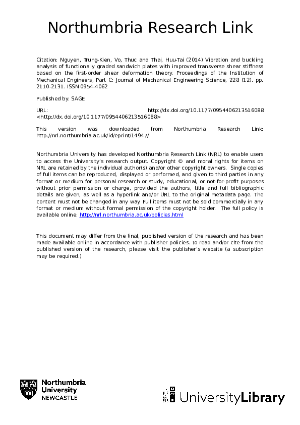 Pdf Vibration And Buckling Analysis Of Functionally Graded Sandwich Plates With Improved