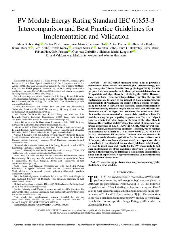 (PDF) PV Module Energy Rating Standard IEC 61853-3 Intercomparison and ...