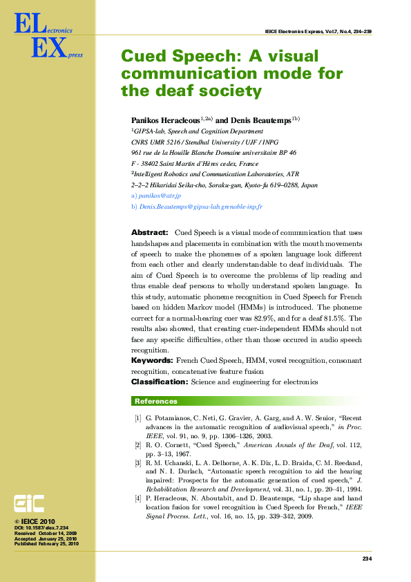 (PDF) Cued Speech: A visual communication mode for the deaf society