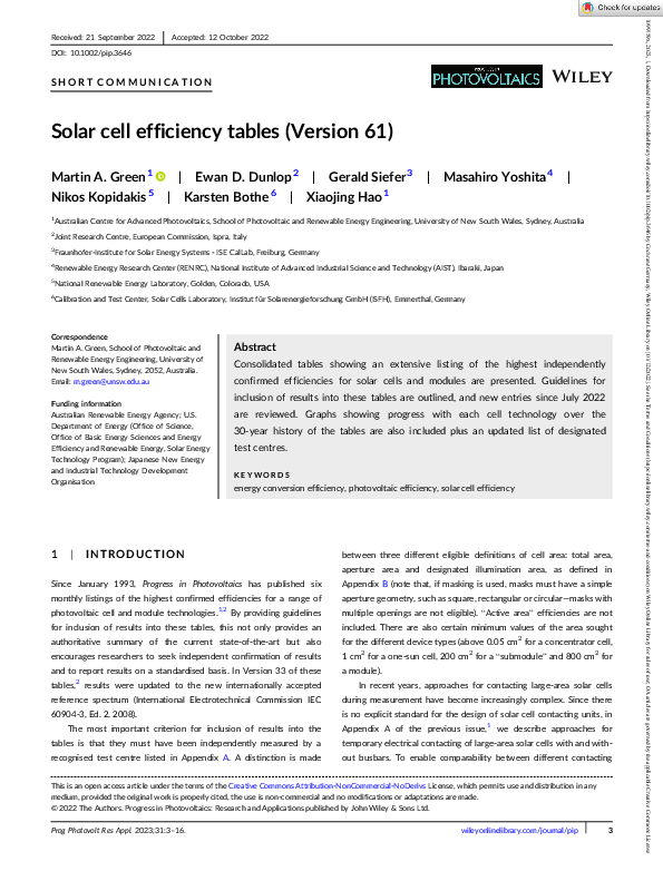 (PDF) Solar cell efficiency tables (Version 61)
