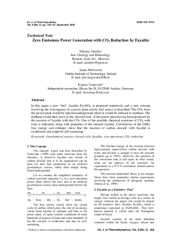 (PDF) Technical Note: Zero Emissions Power Generation with CO2 Reduction by Fayalite