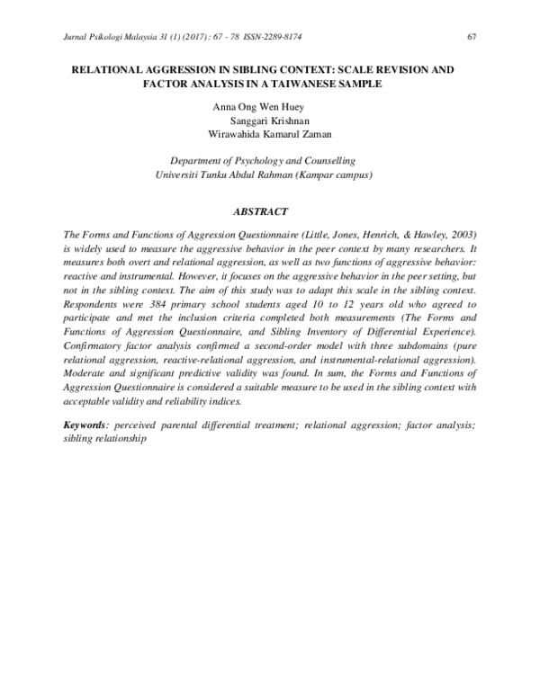 (PDF) Relational Aggression in Sibling Context: Scale Revision and ...