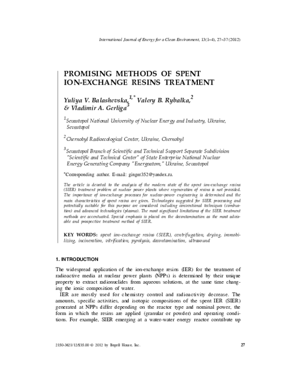 (PDF) Promising Methods of Spent Ion-Exchange Resins Treatment
