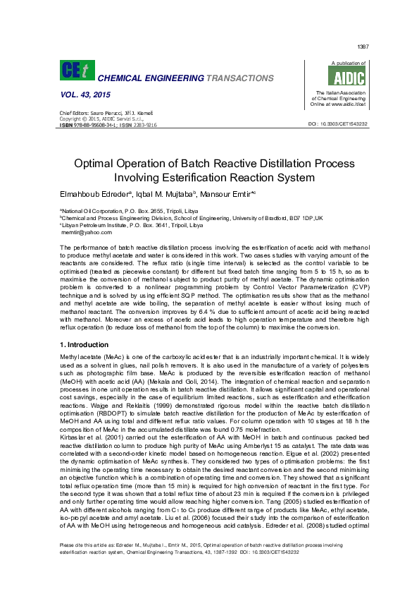 Pdf Optimal Operation Of Batch Reactive Distillation Process Involving Esterification Reaction
