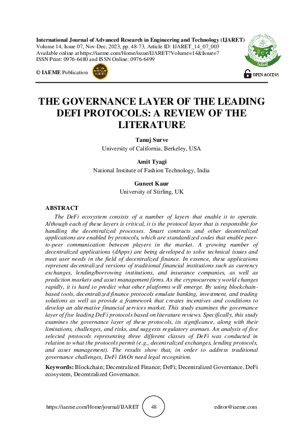 (PDF) THE GOVERNANCE LAYER OF THE LEADING DEFI PROTOCOLS: A REVIEW OF THE LITERATURE