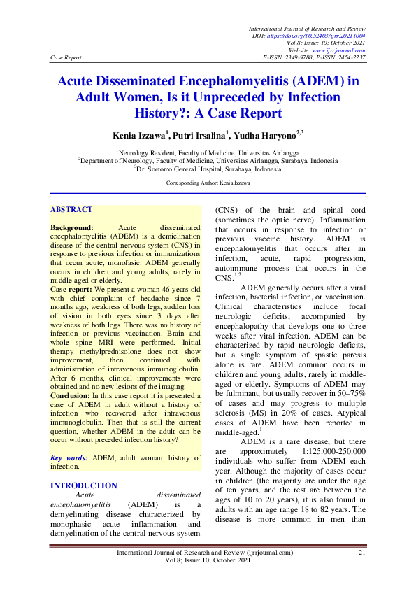 (PDF) Acute Disseminated Encephalomyelitis (ADEM) in Adult Women, Is it ...