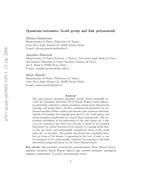 (PDF) Quantum automata, braid group and link polynomials