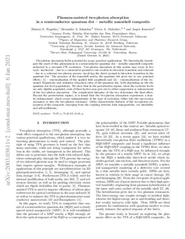 (PDF) Plasmon-assisted two-photon absorption in a semiconductor quantum dot–metallic nanoshell ...