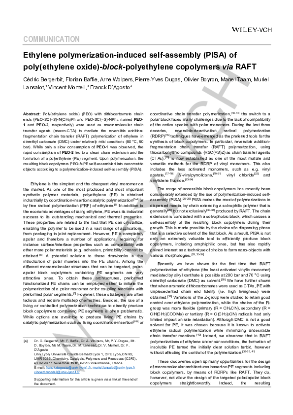 (PDF) Ethylene Polymerization‐Induced Self‐Assembly (PISA) of Poly(ethylene oxide)‐ block ...