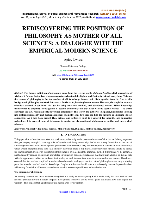 (PDF) Rediscovering the Position of Philosophy as Mother of All ...