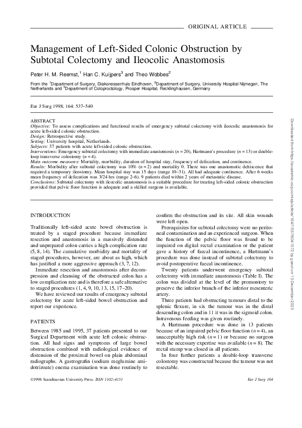 (PDF) Management of left-sided colonic obstruction by subtotal ...