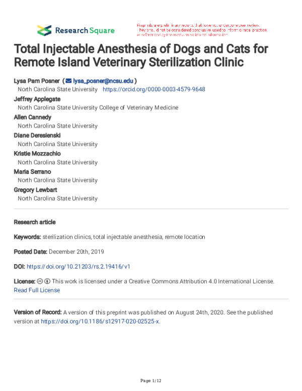 (PDF) Total Injectable Anesthesia of Dogs and Cats for Remote Island ...