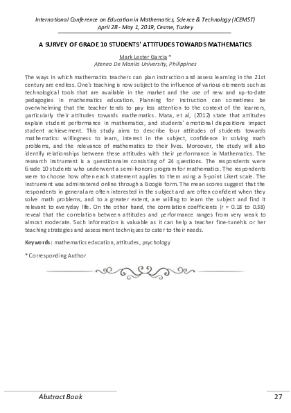 (PDF) A Survey of Grade 10 Students' Attitudes Towards Mathematics