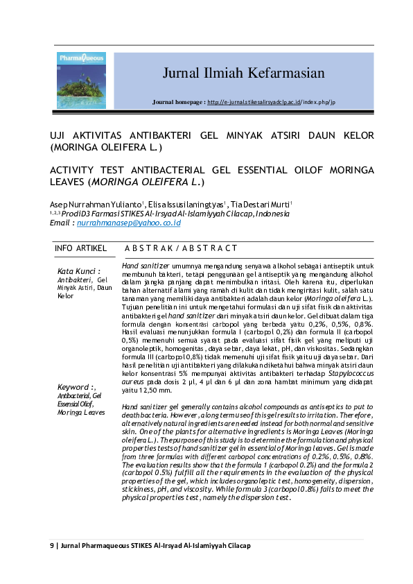 (PDF) Formulasi Gel Hand Sanitizer Minyak Atsiri Daun Kelor (Moringa Oleifera L.) Sebagai Anti ...