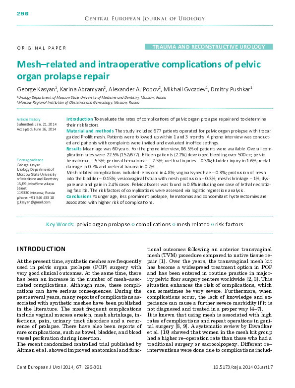 (PDF) Mesh–related and intraoperative complications of pelvic organ ...