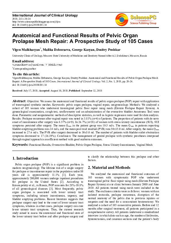 (PDF) Anatomical and Functional Results of Pelvic Organ Prolapse Mesh Repair: A Prospective ...
