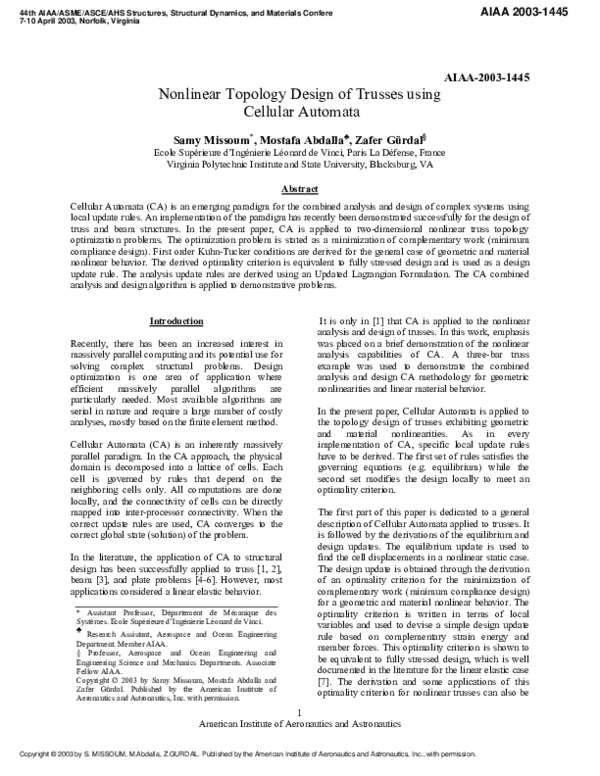 Pdf Nonlinear Topology Design Of Trusses Using Cellular Automata