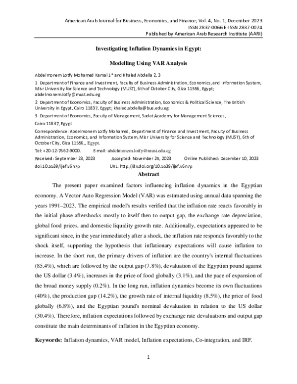 (PDF) Investigating Inflation Dynamics in Egypt: Modelling Using VAR Analysis