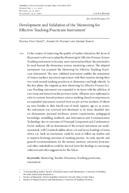 (PDF) Development and Validation of the ‘Mentoring for Effective Teaching Practicum Instrument’