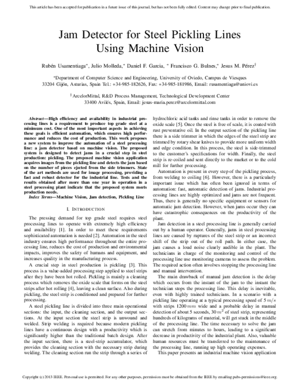 (PDF) Jam detector for steel pickling lines using machine vision