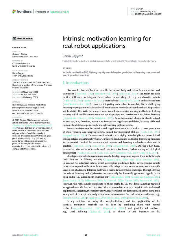 (PDF) Intrinsic motivation learning for real robot applications | Rania Rayyes - Academia.edu