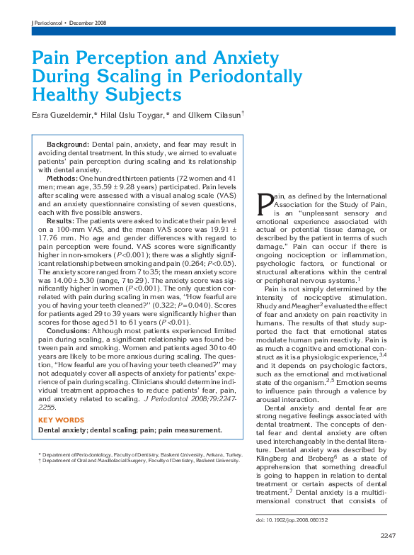 (PDF) Pain Perception and Anxiety During Scaling in Periodontally ...