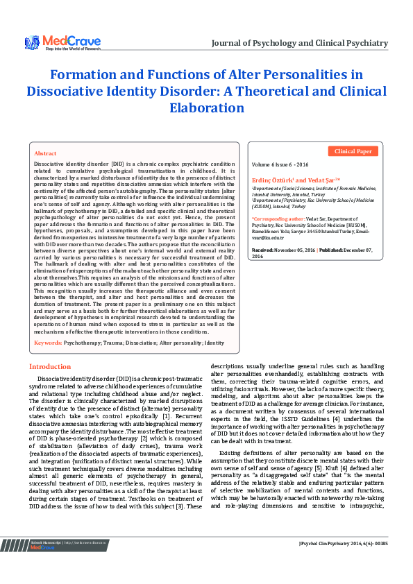 (PDF) Formation and Functions of Alter Personalities in Dissociative ...