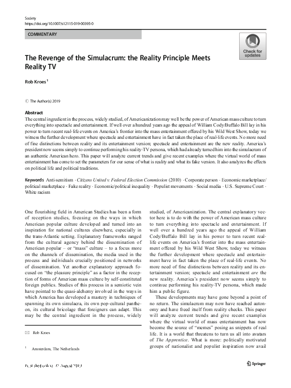 (PDF) The Revenge of the Simulacrum: the Reality Principle Meets Reality TV