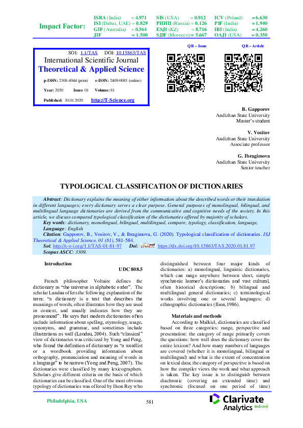 (PDF) Typological Classification of Dictionaries