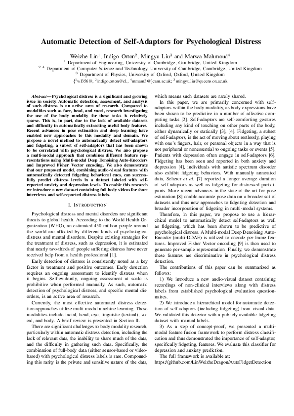(PDF) Automatic Detection of Self-Adaptors for Psychological Distress