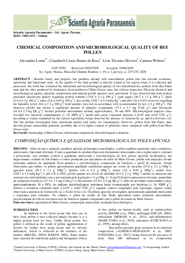 (PDF) Chemical composition and microbiological quality of bee pollen
