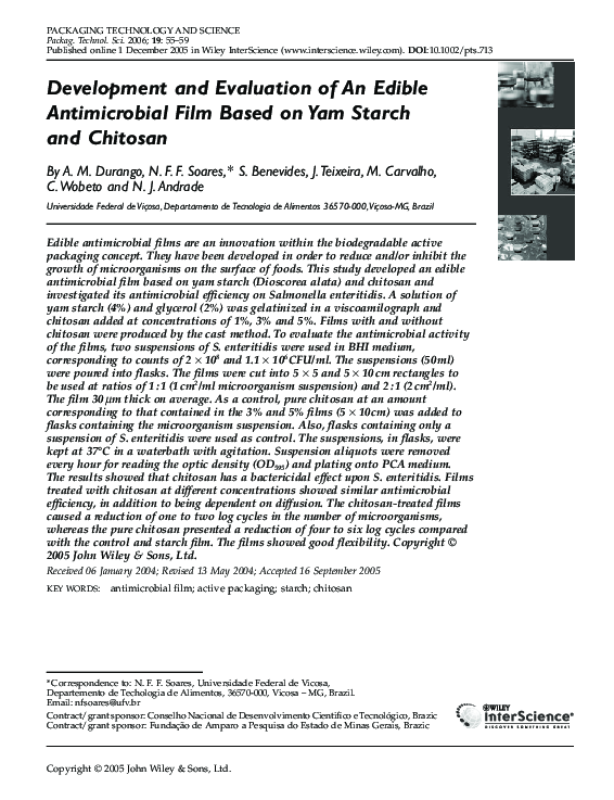 (PDF) Development and evaluation of an edible antimicrobial film based on yam starch and chitosan
