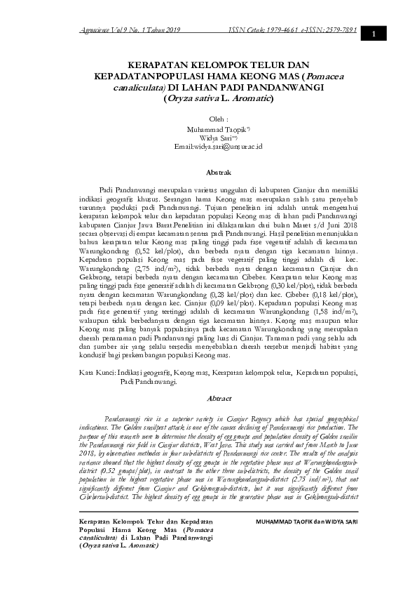 (PDF) KERAPATAN KELOMPOK TELUR DAN KEPADATANPOPULASI HAMA KEONG MAS ...