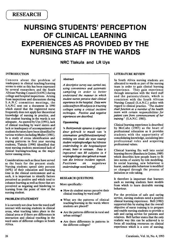 (PDF) Nursing Students’ Perception of the Clinical Learning Environment: A Correlational Study