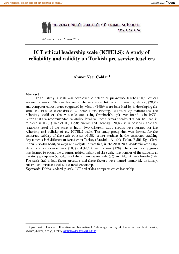 (PDF) ICT ethical leadership scale (ICTELS): A study of reliability and ...