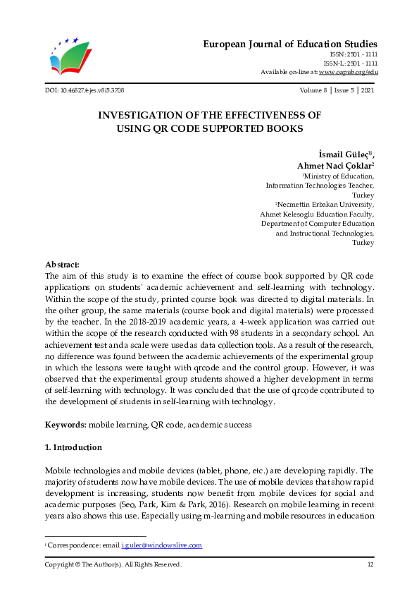 (PDF) Investigation of the Effectiveness of Using QR Code Supported Books