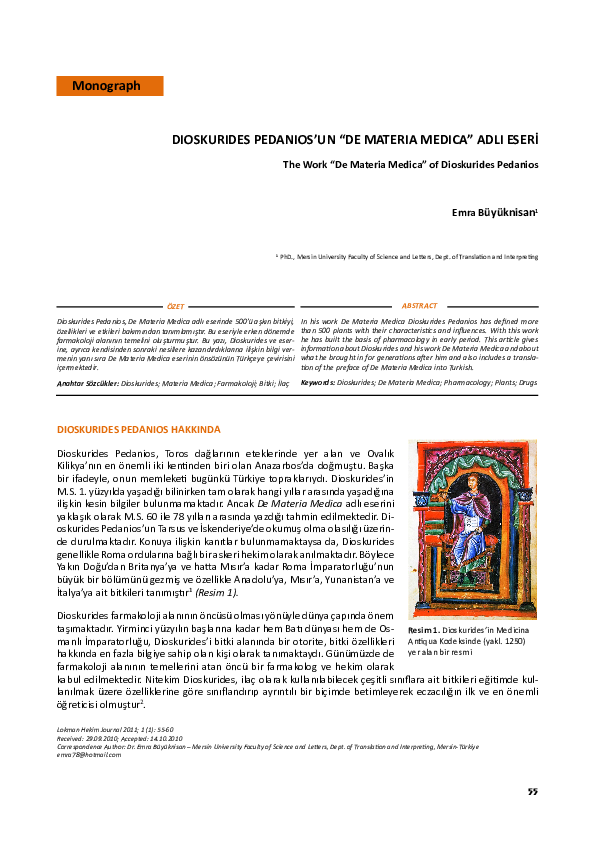 (PDF) The Work “De Materia Medica” of Dioskurides Pedanios
