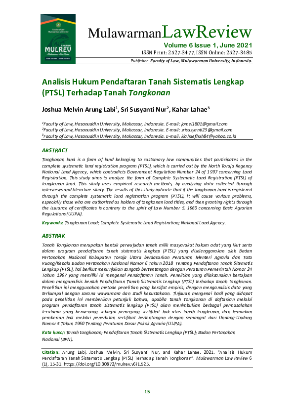 (PDF) Analisis Hukum Pendaftaran Tanah Sistematis Lengkap (PTSL) Terhadap Tanah Tongkonan
