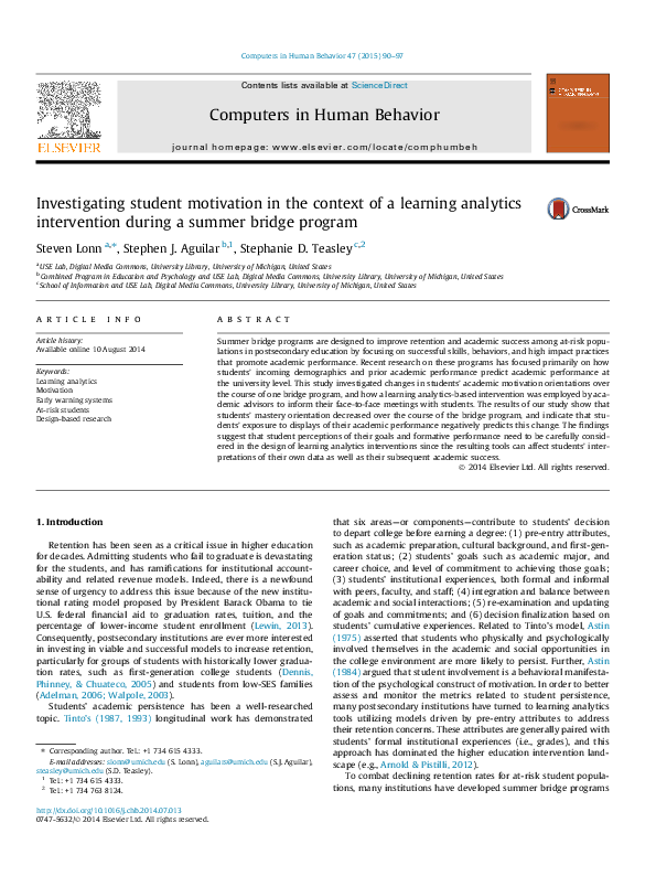 (PDF) Investigating student motivation in the context of a learning analytics intervention ...