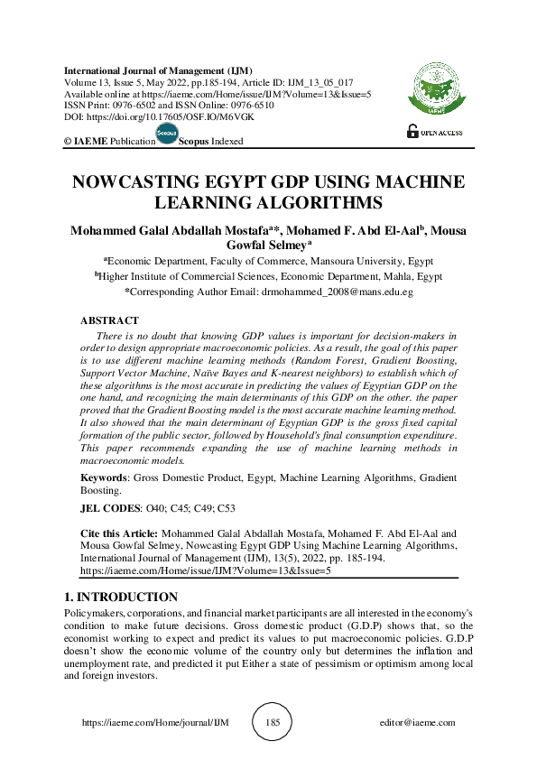 (PDF) NOWCASTING EGYPT GDP USING MACHINE LEARNING ALGORITHMS