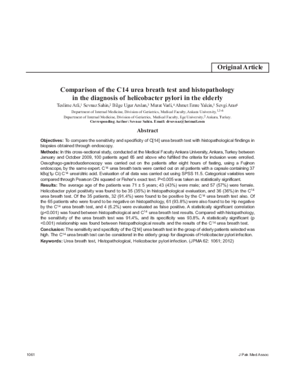 (PDF) Comparison of the C14 urea breath test and histopathology in the ...