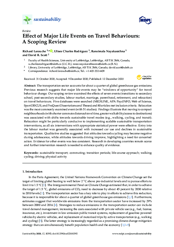 (PDF) Effect of Major Life Events on Travel Behaviours: A Scoping Review
