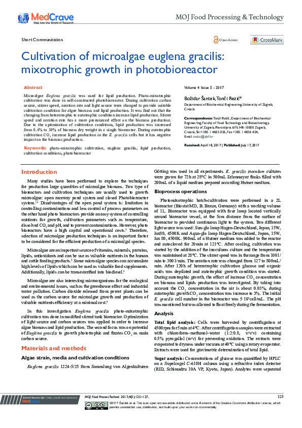 (PDF) Cultivation of Microalgae Euglena Gracilis: Mixotrophic Growth in ...
