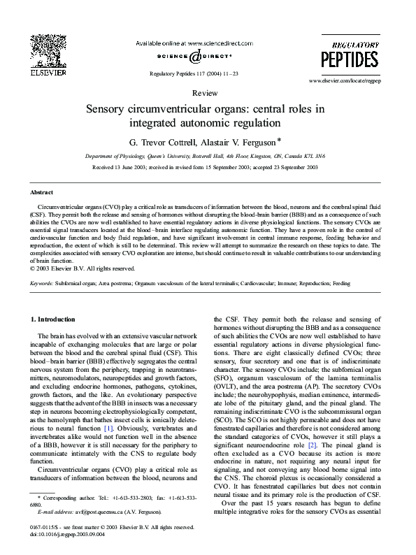 (PDF) Sensory circumventricular organs: central roles in integrated ...