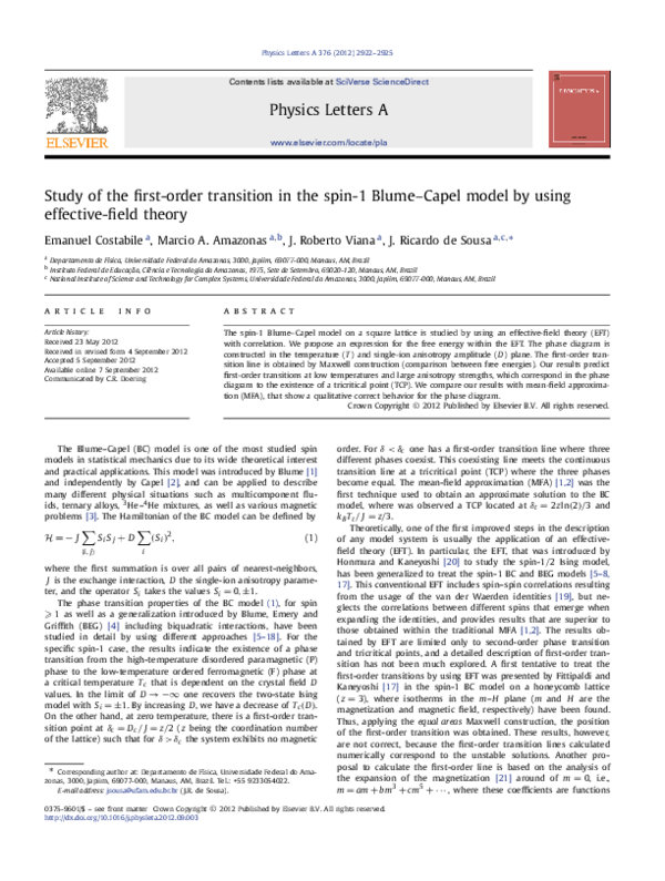(PDF) Study of the first-order transition in the spin-1 Blume–Capel model by using effective ...