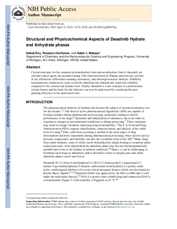 (PDF) Structural and Physicochemical Aspects of Dasatinib Hydrate and ...