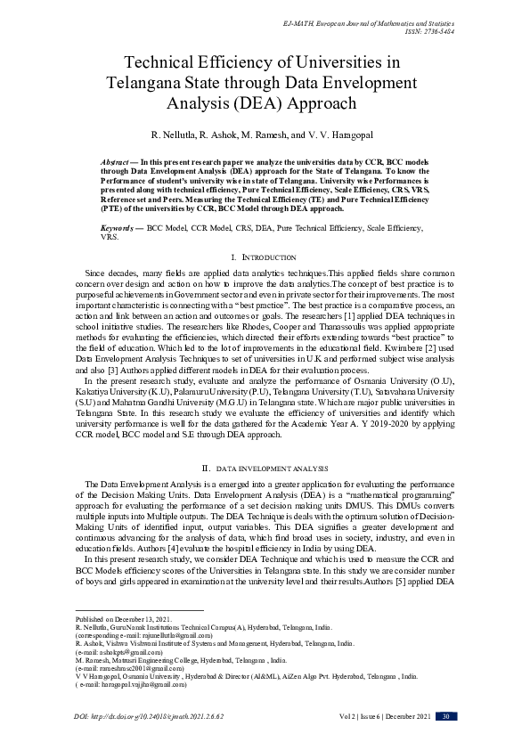 (PDF) Technical Efficiency of Universities in Telangana State through Data Envelopment Analysis ...