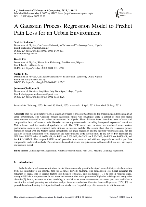 (PDF) A Gaussian Process Regression Model to Predict Path Loss for an Urban Environment